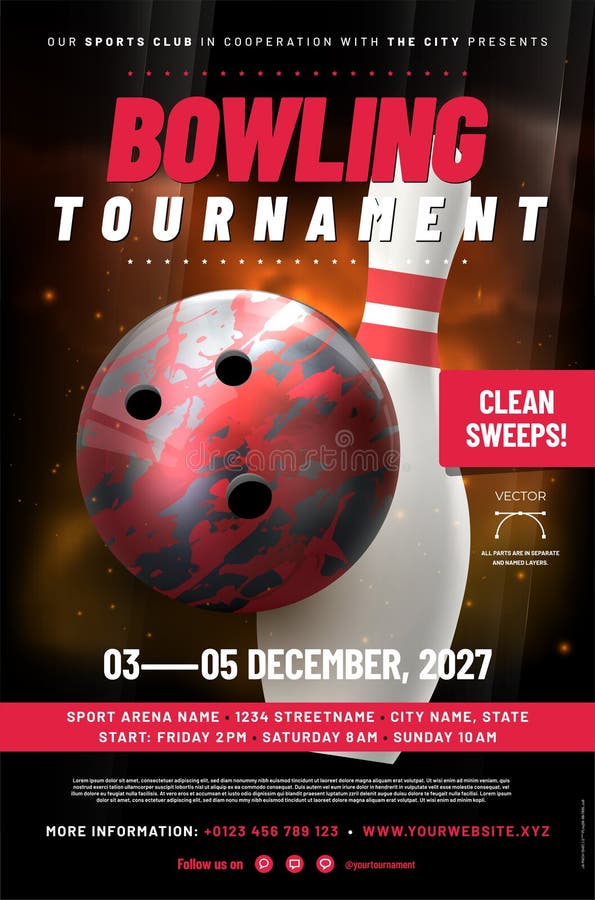 Bowling Tournament Poster Template with Ball, Sweep and Sample Text Stock Vector - Illustration ...