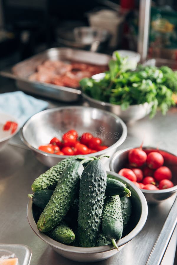 Bowls with Assorted Fresh Vegetables Stock Photo - Image of preparation ...