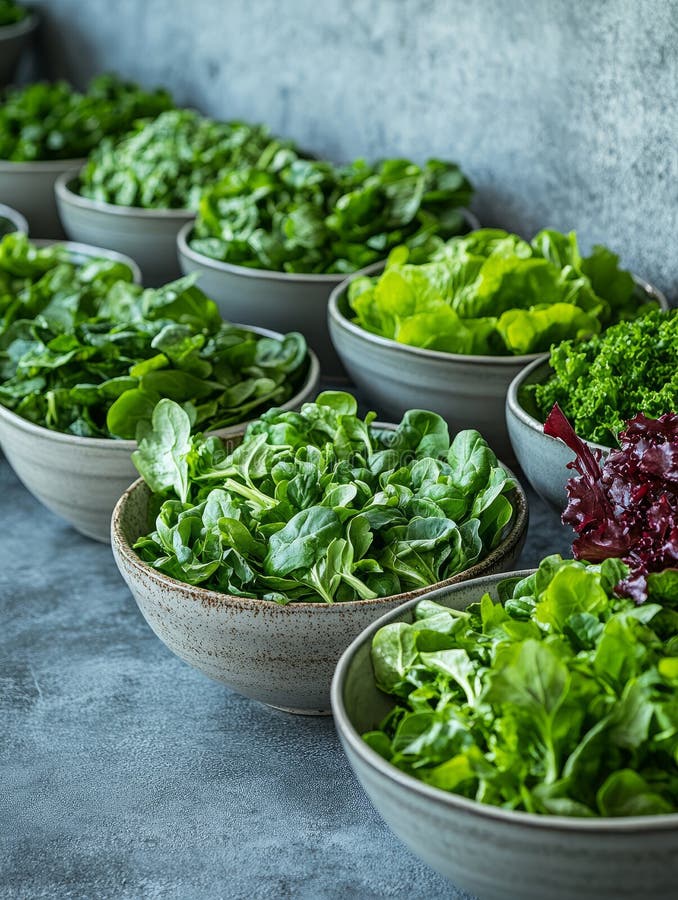 Bowls of Assorted Leafy Greens Arrayed on a Stone Surface. Stock Image ...