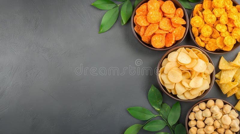 Bowls of Colorful Chips are Arranged Artistically on a Gray Surface ...