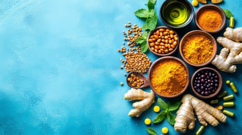 Bowls of Colorful Spices and Herbs Set on a Blue Background Stock Image ...