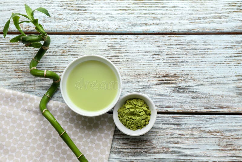 Bowls of Fresh Matcha Tea and Powder on Table Stock Image - Image of ...