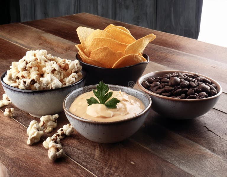 Bowls of Popcorn, Chips, Nuts, and a Dip on a Coffee Table Stock ...