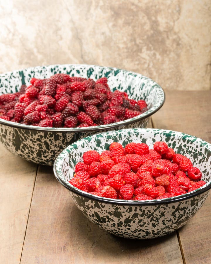 Bowls of Red Raspberries and Tayberries Stock Image - Image of ...