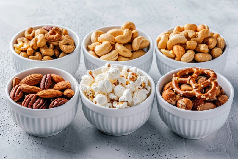 Bowls of Snacks. Variety of Healthy Snacks in White Bowls. Stock Photo ...