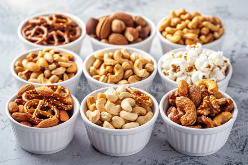 Bowls of Snacks. Variety of Healthy Snacks in White Bowls. Stock Photo ...