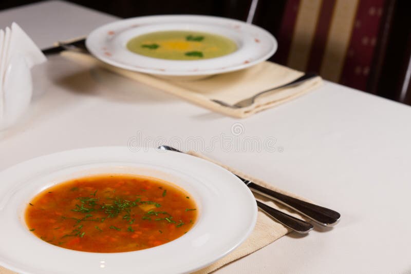 Bowls of Soup on Restaurant Table Stock Image - Image of delicacy ...