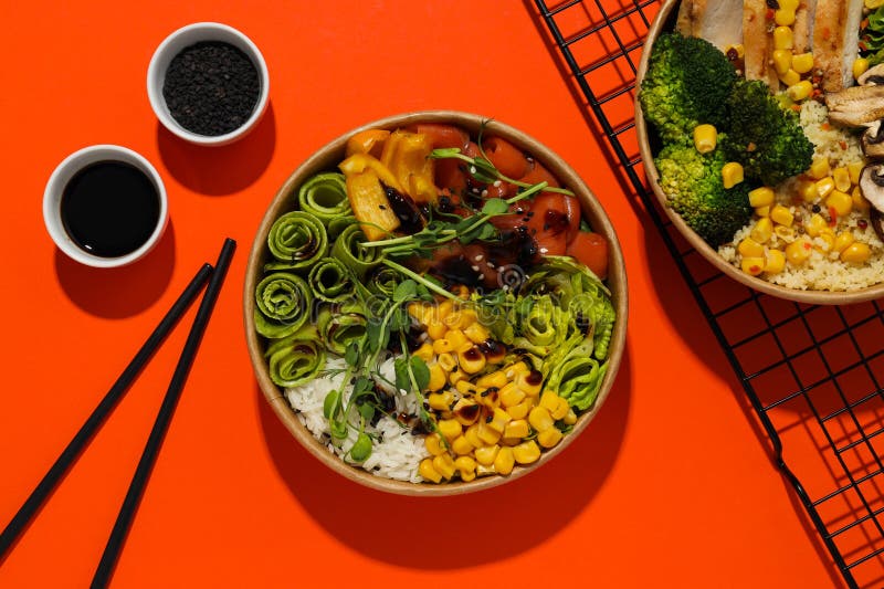 Bowls with Tasty and Nutritious Food, Top View Stock Photo - Image of ...