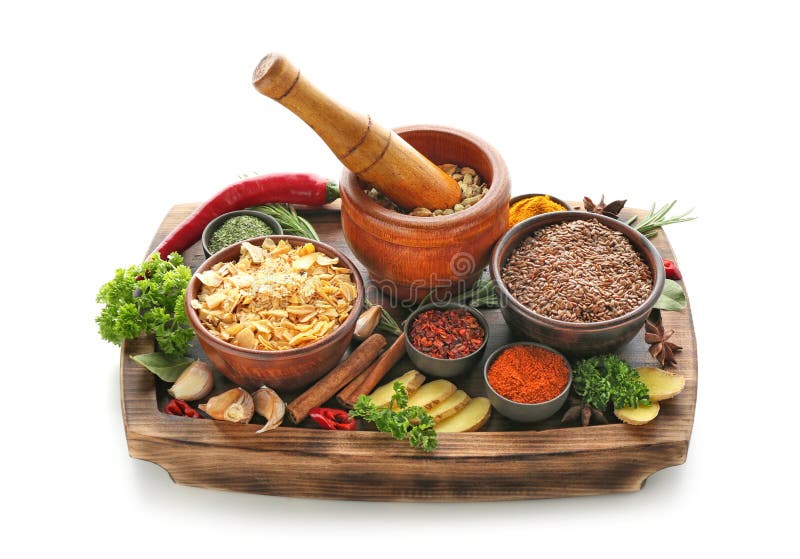 Bowls with Various Spices on Wooden Board, Isolated on White Stock ...