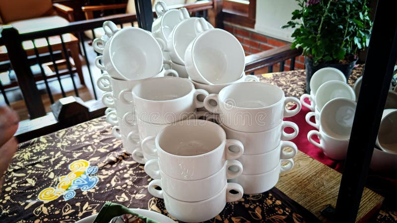 Bowls of White Soup Neatly Stacked on the Buffet Table Stock Photo ...