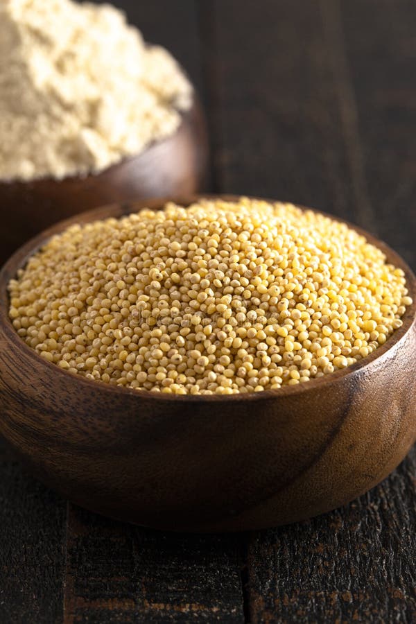 Bowls of Whole Millet and Millet Flour in Wood Bowls on a Dark Table ...