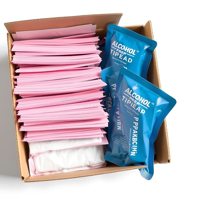 A Box of Alcohol Prep Pads with Some Packets Opened, Lying Flat on a ...