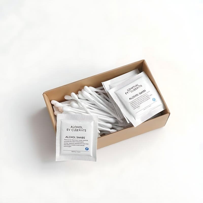 A Box of Alcohol Swabs with Individual Packets Arranged on a Plain ...