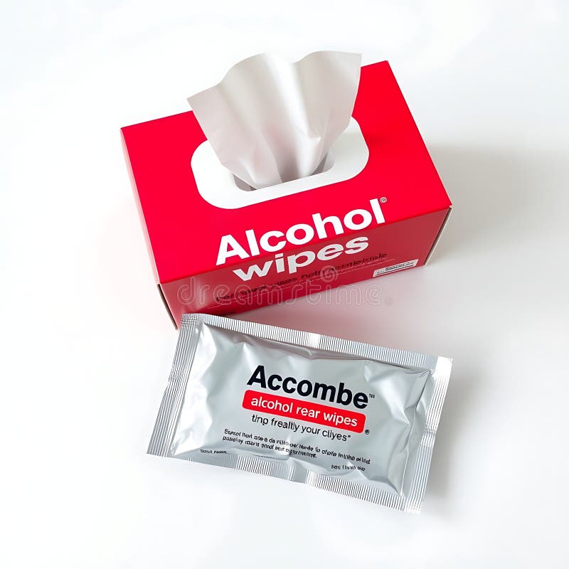 A Box of Alcohol Wipes with One Opened Packet, Lying Flat on a White ...