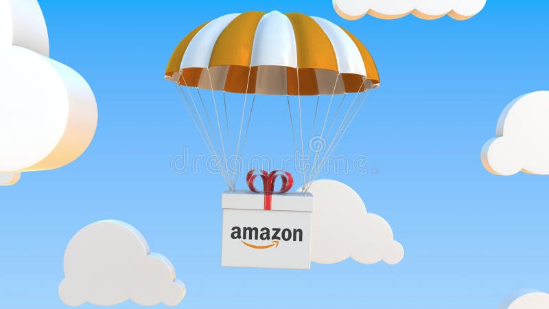 Box with AMAZON Logo Falls with a Parachute. Editorial Loopable 3D ...