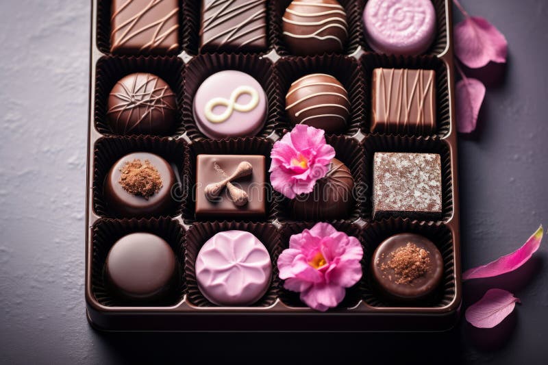 Box of Artisan Chocolates. Luxury Handmade Chocolates and a Praline ...