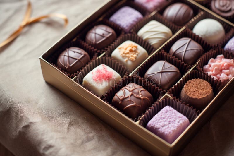 Box of Artisan Chocolates. Luxury Handmade Chocolates and a Praline ...