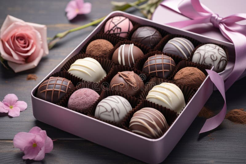 Box of Artisan Chocolates. Luxury Handmade Chocolates and a Praline ...