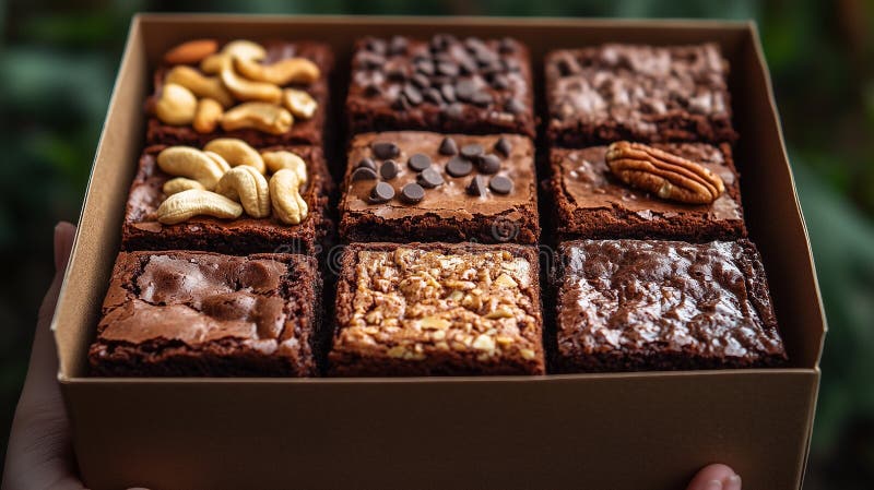Box of Assorted Brownies with Nuts and Chocolate Chips Stock ...