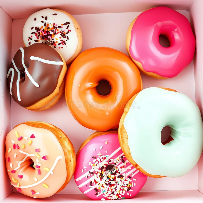 A Box of Assorted Donuts with Icing and Sprinkles on a Pastel Orange ...