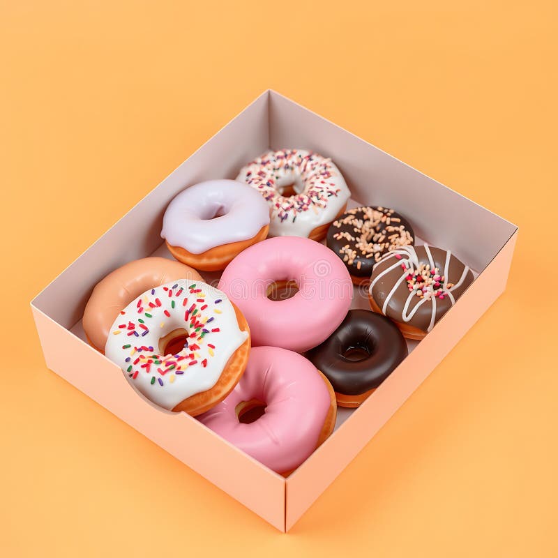 A Box of Assorted Donuts with Icing and Sprinkles on a Pastel Orange ...
