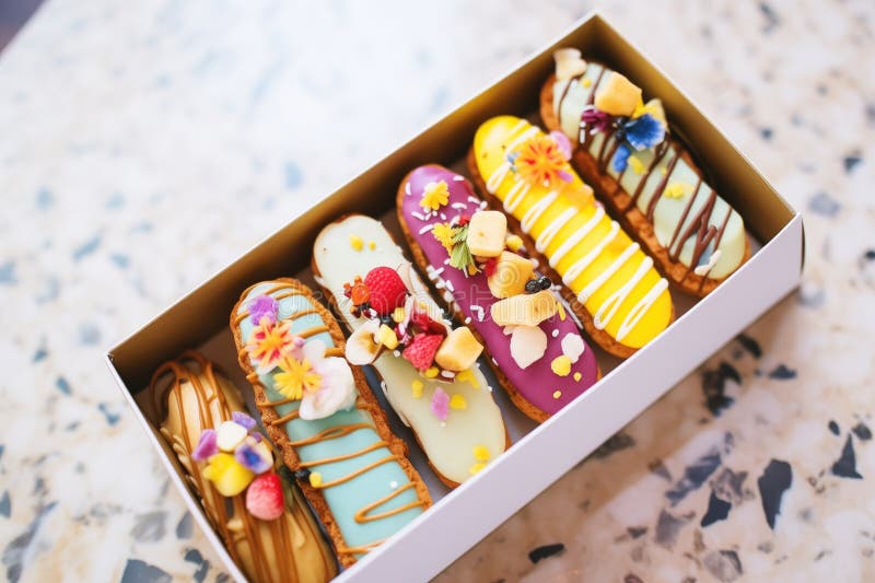 Box of Assorted Eclairs with Various Toppings Stock Image - Image of ...