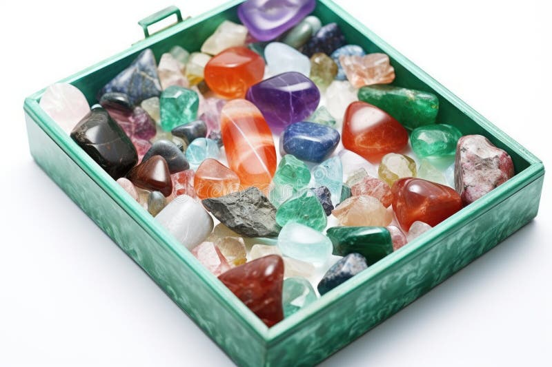 Box of Assorted Gemstones on White Table Stock Image - Image of crystal ...