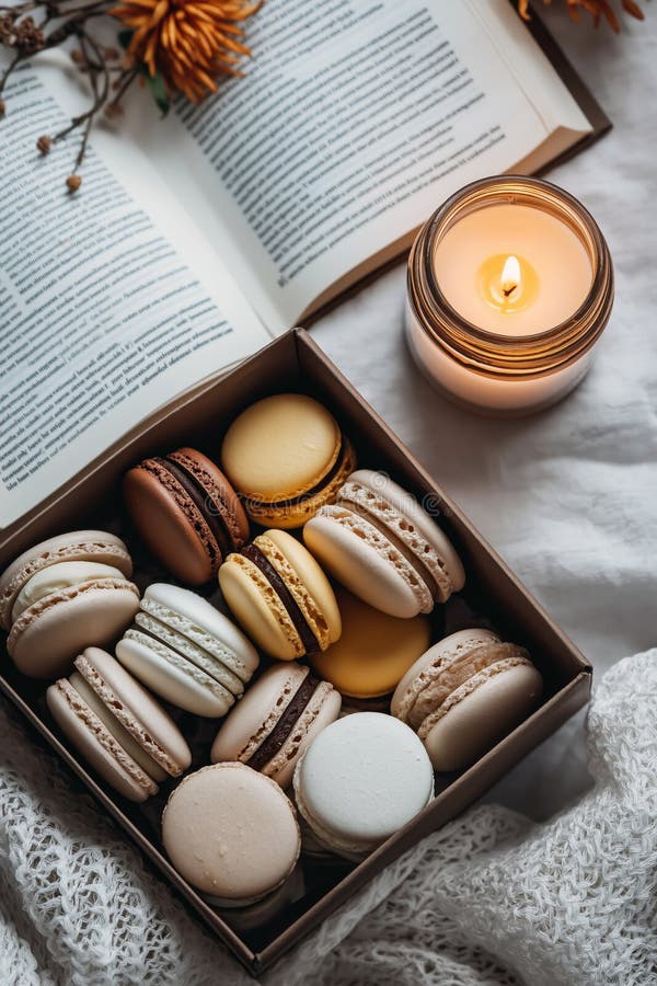 A Box of Assorted Macarons Next To an Open Book and a Candle, Warm and Cozy Aesthetic Stock ...