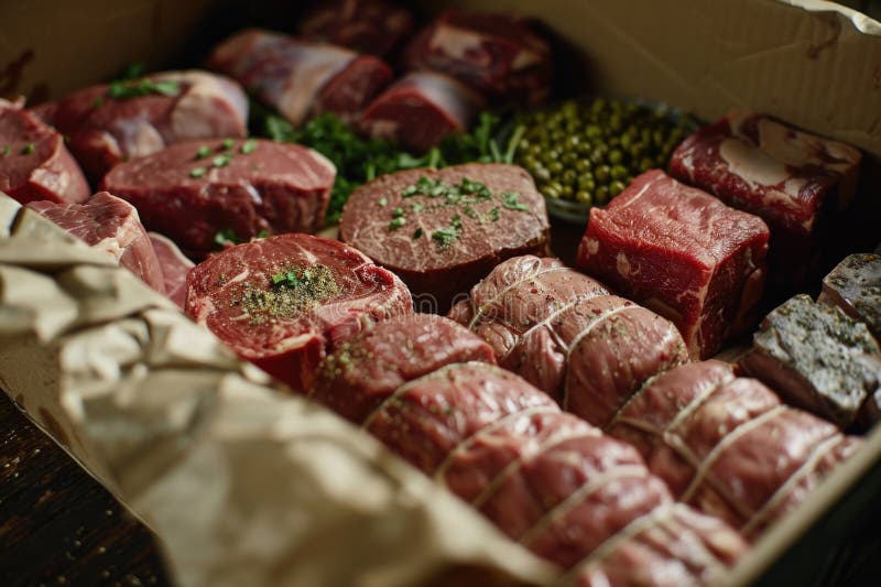 A Box of Assorted Meats, Including Beef, Pork, and Chicken Stock Image ...