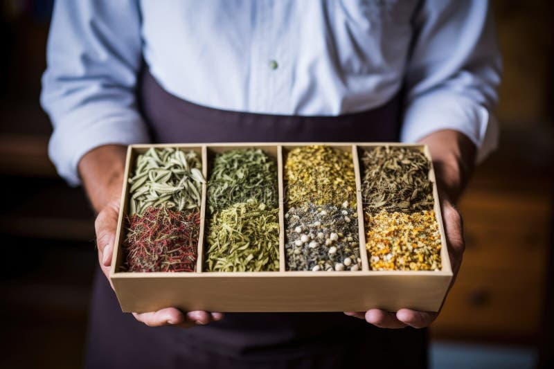 Box of Assorted Tea Leaves with a Man Behind Stock Photo - Image of ...