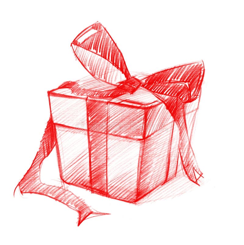 Box with Bow Isolated on White, Pencil Drawing Stock Illustration ...