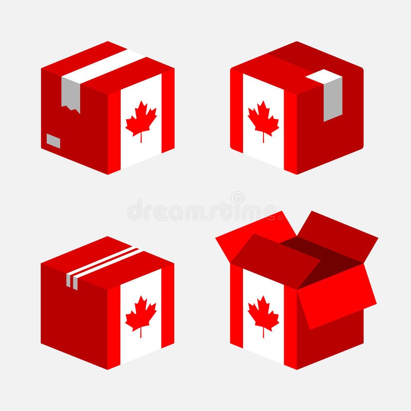 Box with Canada Flag Icon Set, Cardboard Delivery Package Made in ...