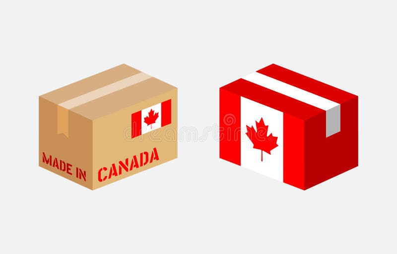 Box with Canada Flag Icon Set, Cardboard Delivery Package Made in ...