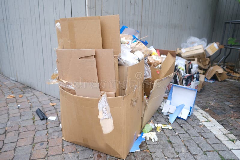Box with Cardboard Packages on Street, Sheets Used Paper for Recycling ...