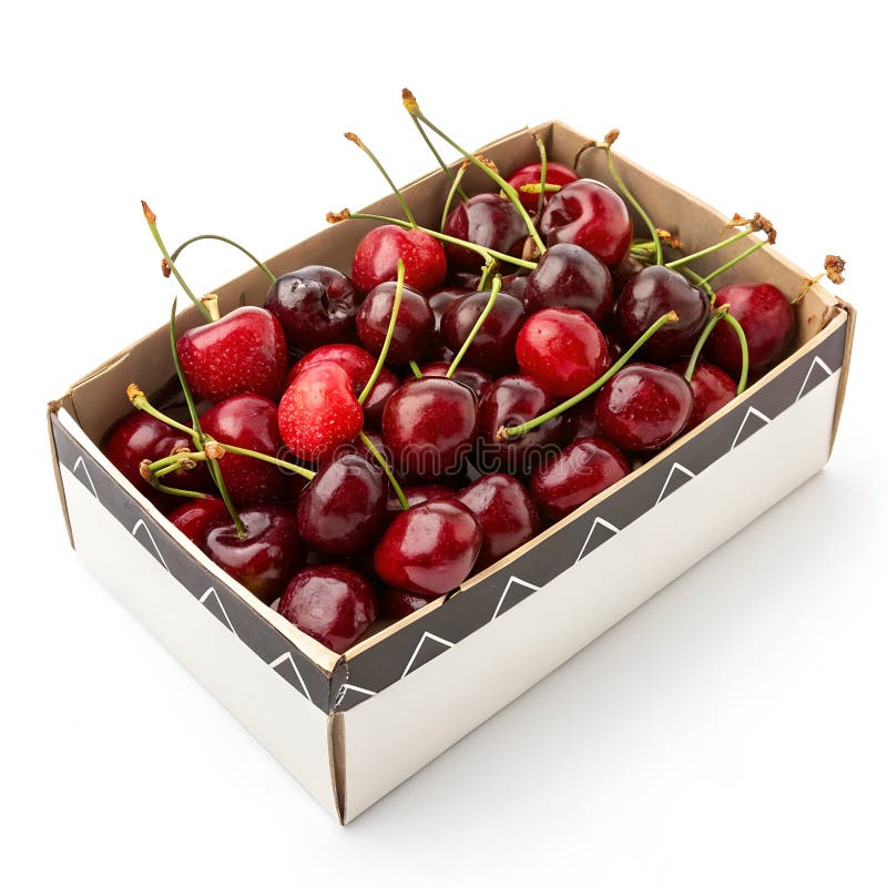 Box of Cherries Isolated on White Background Stock Photo - Image of ...