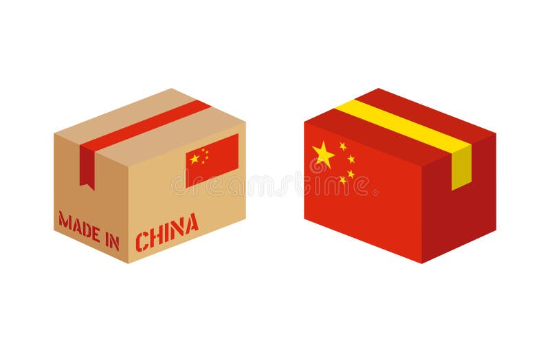 Box with China Flag Icon Set, Cardboard Delivery Package Made in China ...