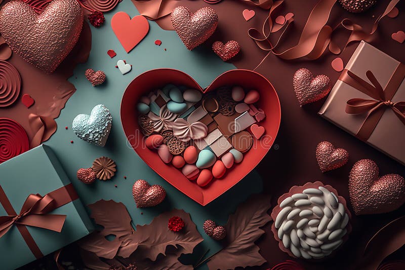 A Box with Assorted Chocolates in Heart Shapes and Scattered Candies on ...