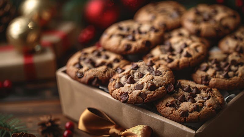 Box of Chocolate Chip Cookies with Holiday Decorations Stock Image ...