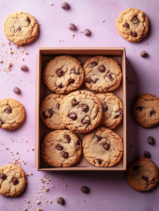 Box of Chocolate Chip Cookies on a Purple Surface. Stock Photo - Image ...