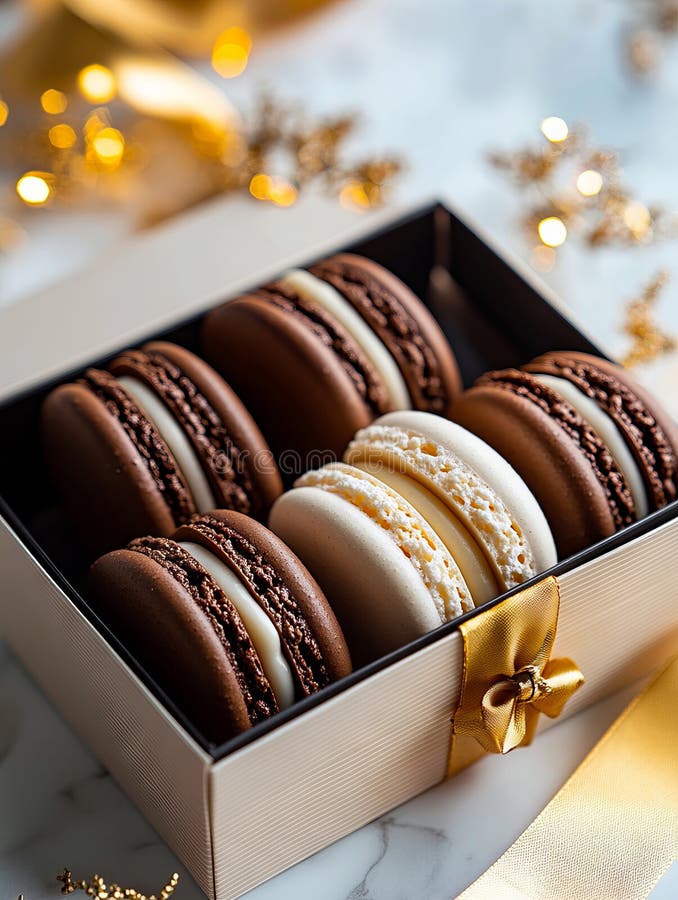 A Box of Chocolate and White Macarons with a Gold Ribbon Tied Around it ...
