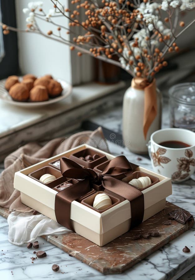 Box of Chocolates with Ribbon on Marble Table Stock Image - Image of ...