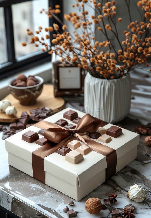 A Box of Chocolates with a Ribbon Tied Around it Stock Image - Image of ...