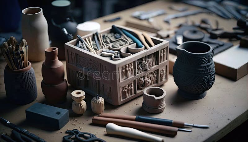 A Box of Clay and Sculpting Tools on a Table. Generative AI Stock ...
