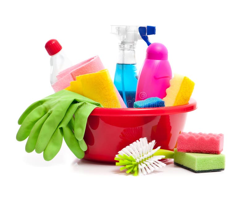 Set of Cleaning Supplies on Table Stock Photo - Image of chore ...
