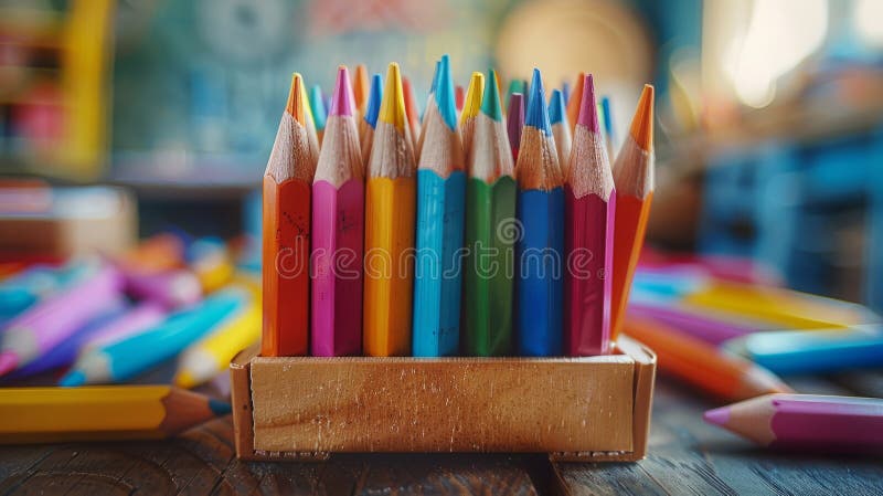 A Box of Colored Pencils on a Table. Stock Image - Image of crafts ...