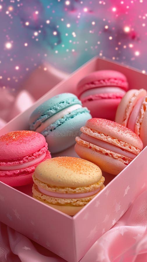 Box of Colorful Macaroons on a Pastel Pink Surface Stock Illustration ...