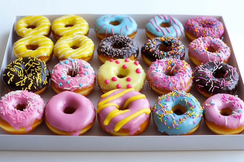 Box of Colorful Mini Donuts with Icing and Sprinkles Stock Photo ...