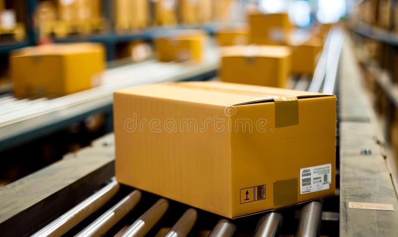 A Box on a Conveyor Belt in a Warehouse Stock Photo - Image of shelf ...
