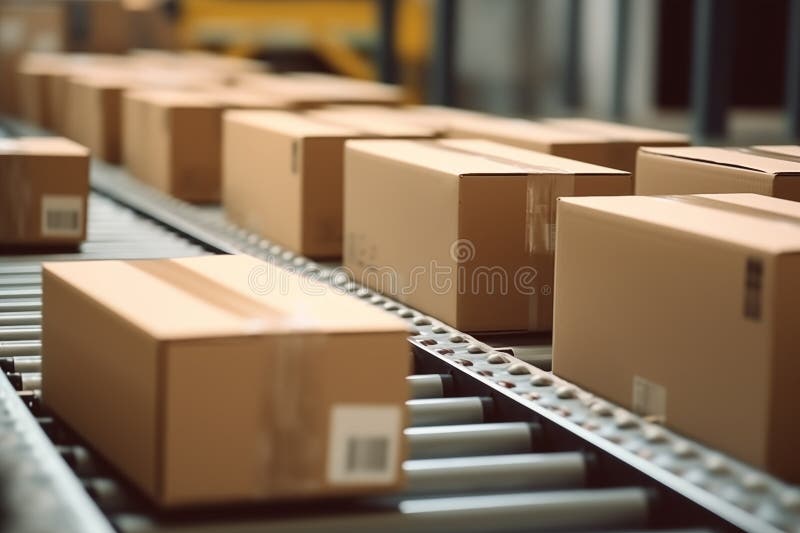 Box on Conveyor Roller. Delivery Service, Distribution Warehouse and ...