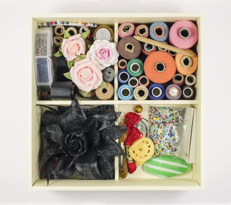 Box with craft accessories stock photo. Image of thread - 40964046